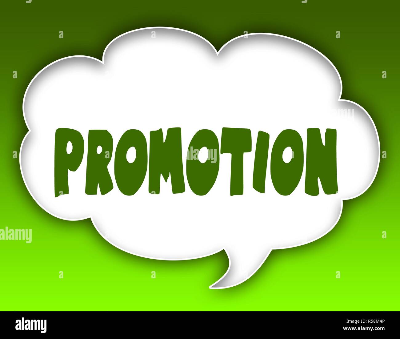PROMOTION message on speech cloud graphic. Green background Stock Photo ...