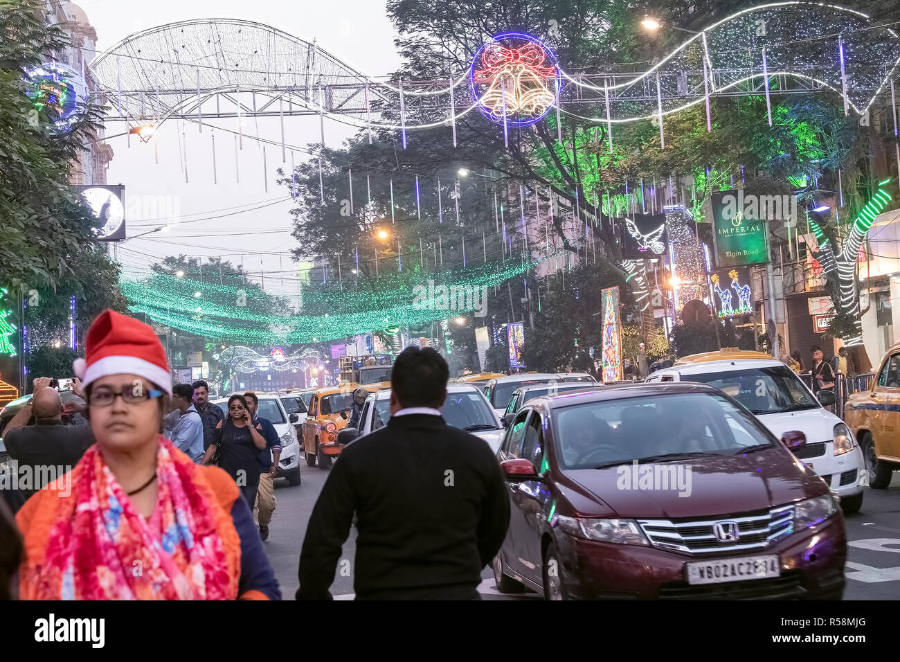 Kolkata,Christmas celebration,Park Street,crowd,cars,busy movement,,on ...