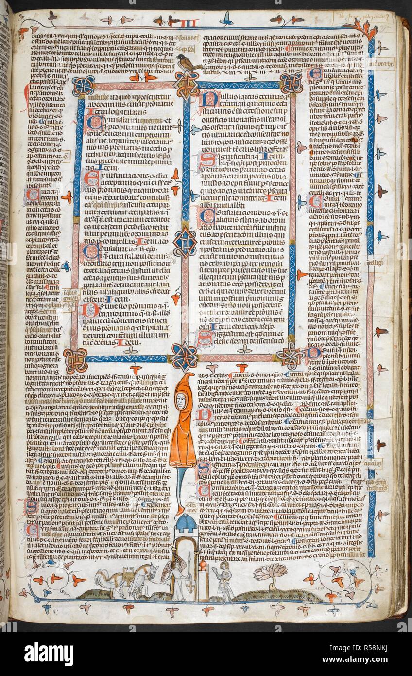 A bas-de-page scene of an angel leading a horse towards a knight ...