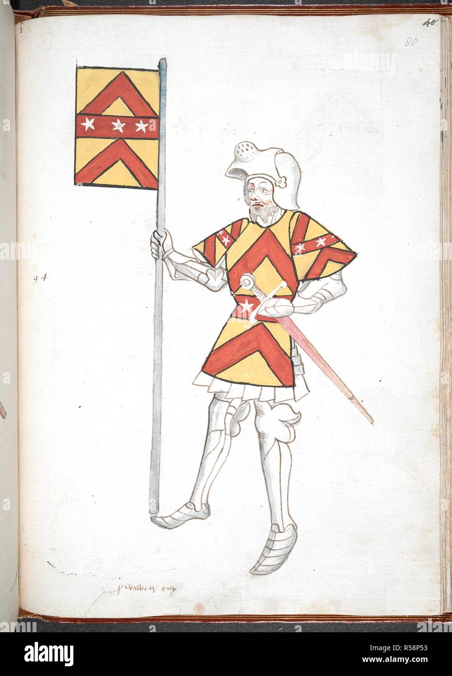 Knight, in armour and tabard, holding a sword and a standard with ...