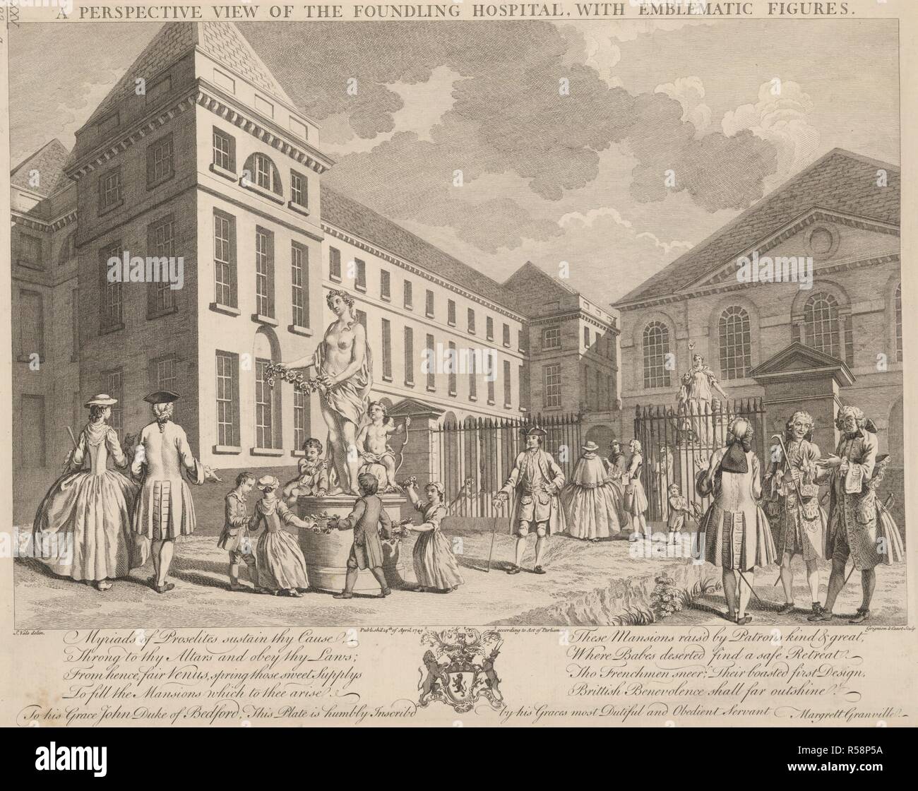 A view of the Foundling Hospital, with emblematic figures. A ...