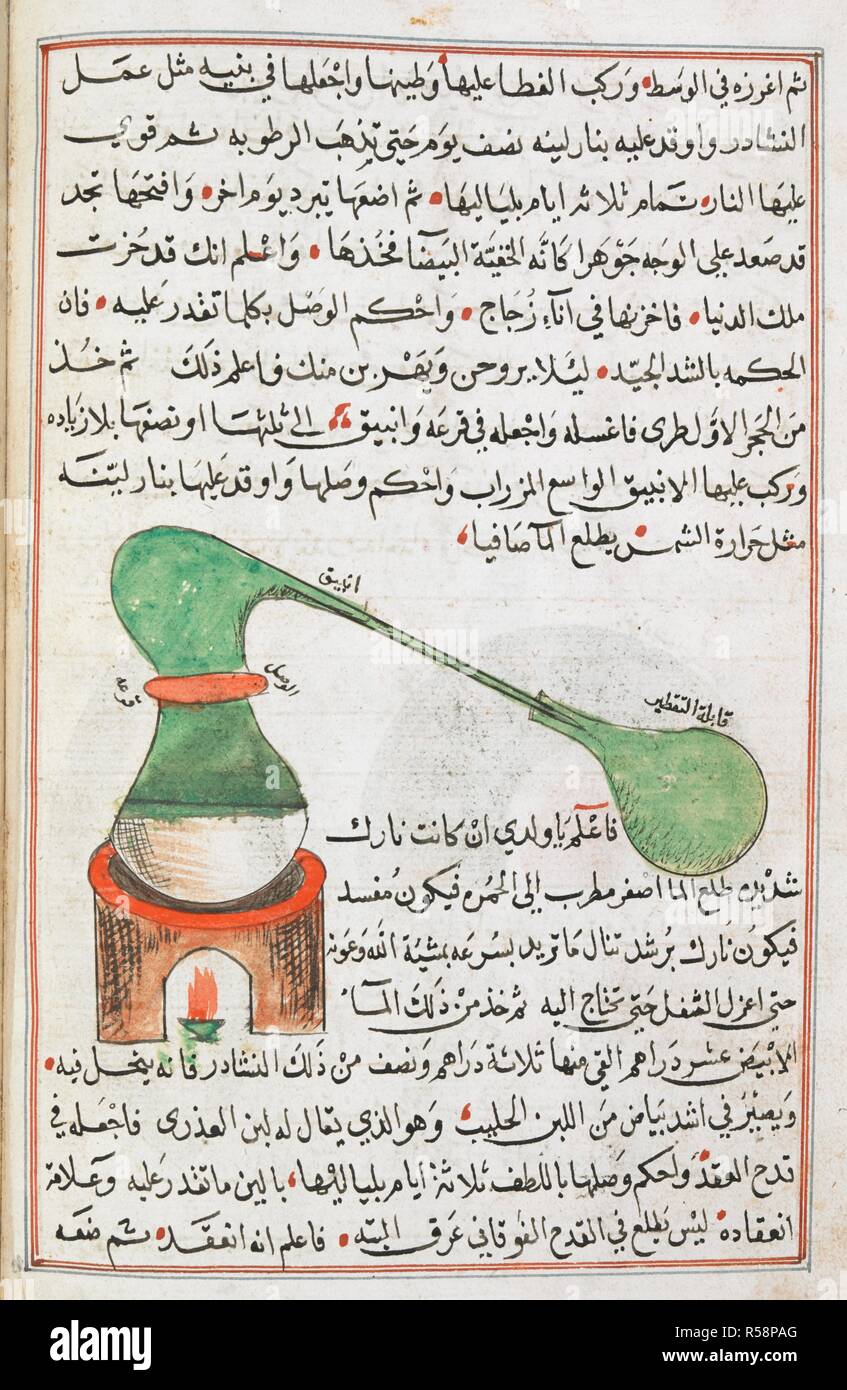 An illustration showing the process of distillation. Five Arabic ...