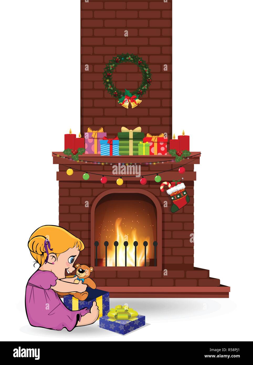 Cute little kawaii baby girl character open gift sitting near decorated ...