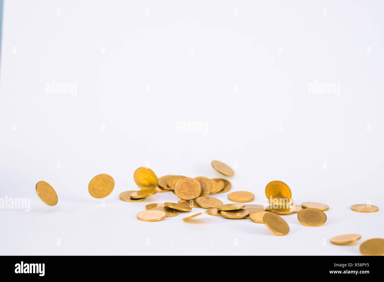 Movement of falling gold coin, flying coin, rain money with soft shadow ...