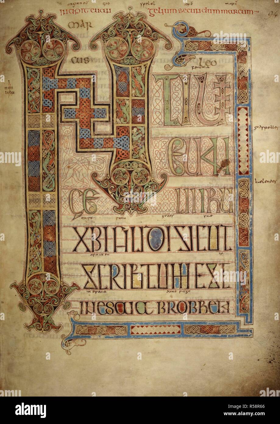 St. Mark's Gospel; Incipit page. Lindisfarne Gospels. N.E. England ...