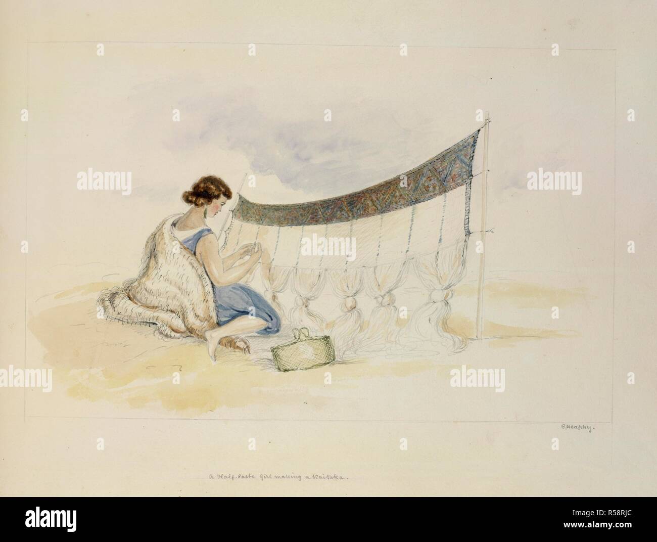 (Drawing no.69) A half-caste Maori girl making a kaitaka. Drawings and ...
