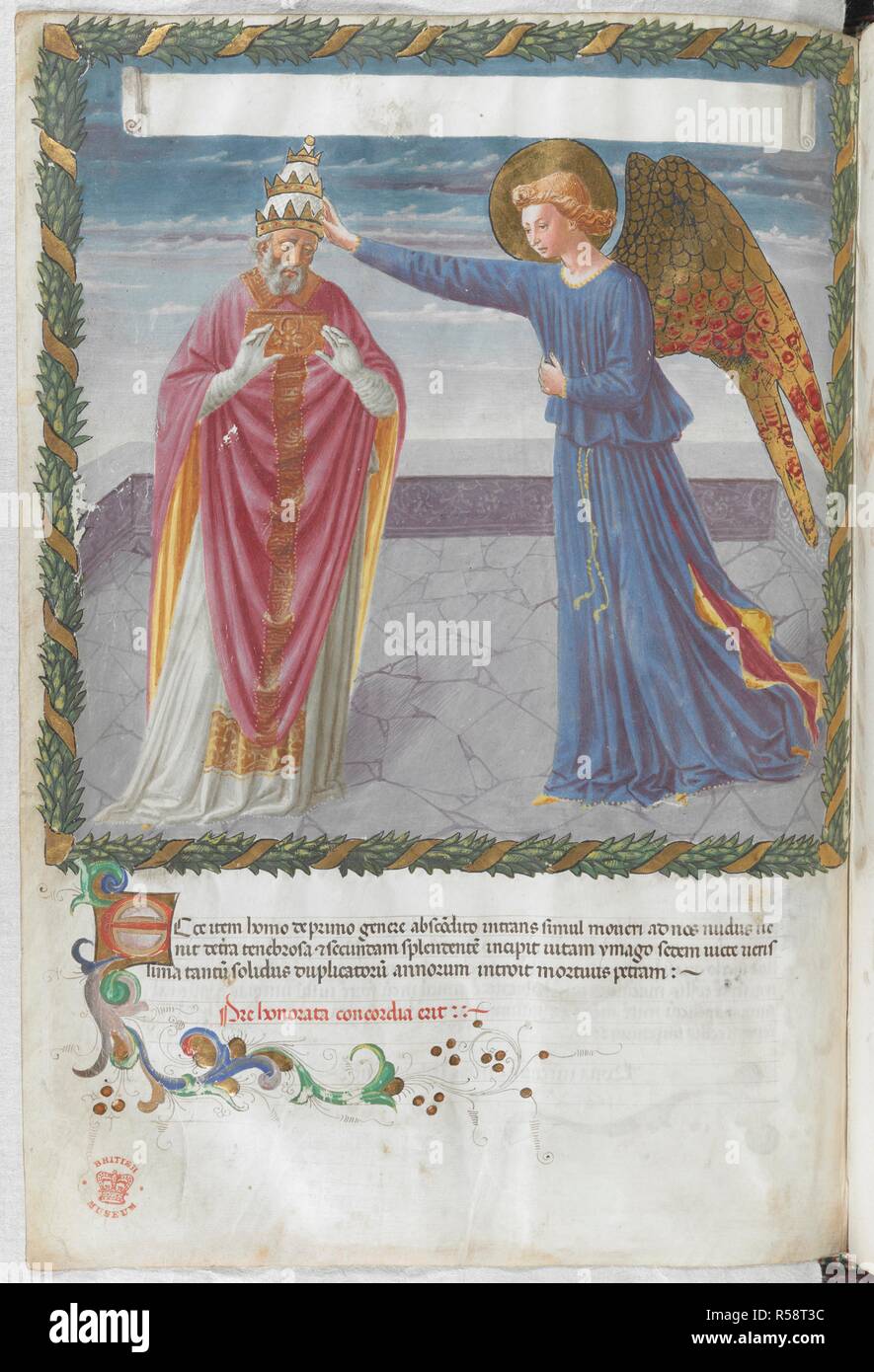 Miniature of an angel crowning a pope. Vaticinia de Pontificibus. Italy ...