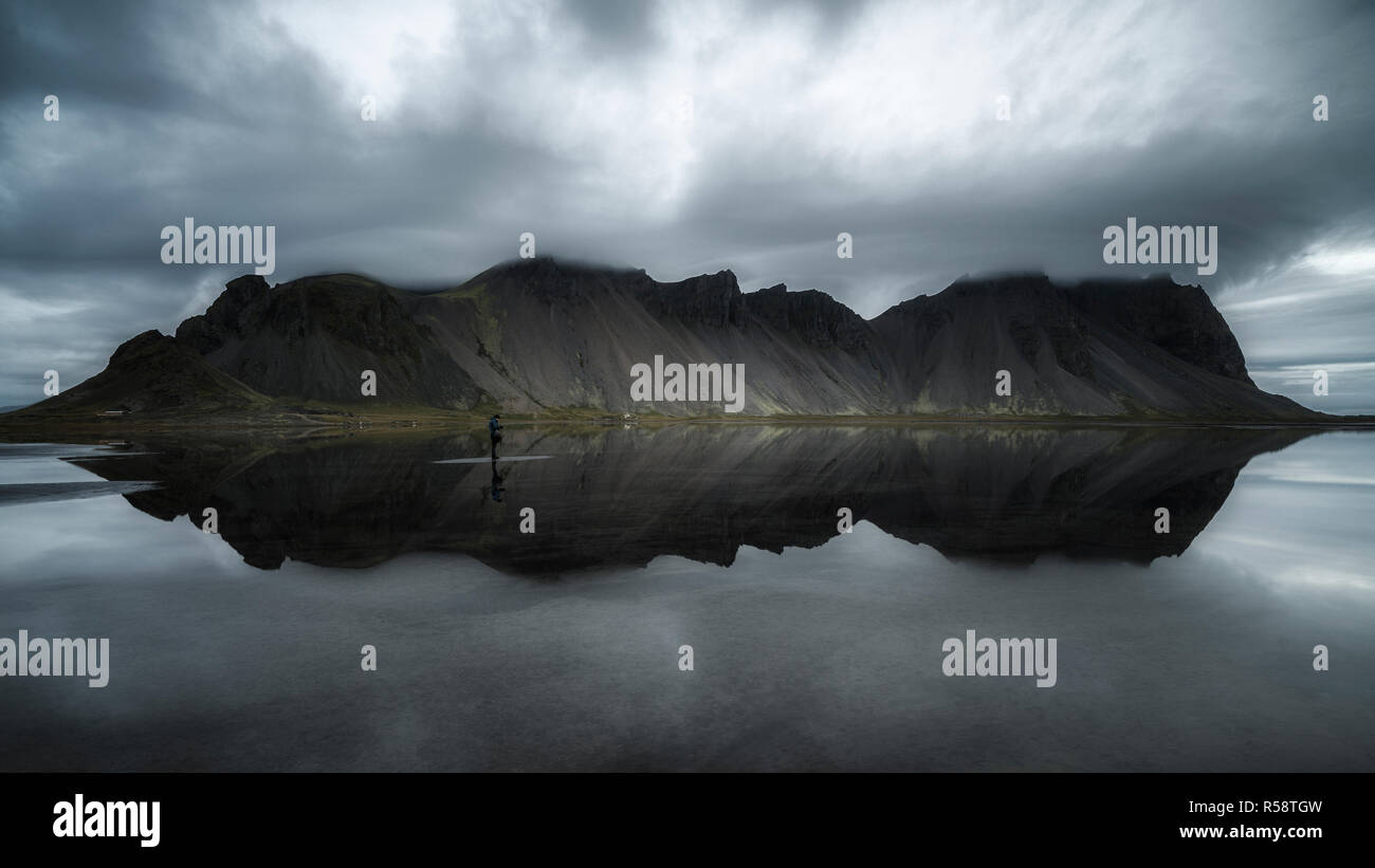 Gloomy mood over Vestrahorn with reflection, Stokksnes, Iceland Stock ...