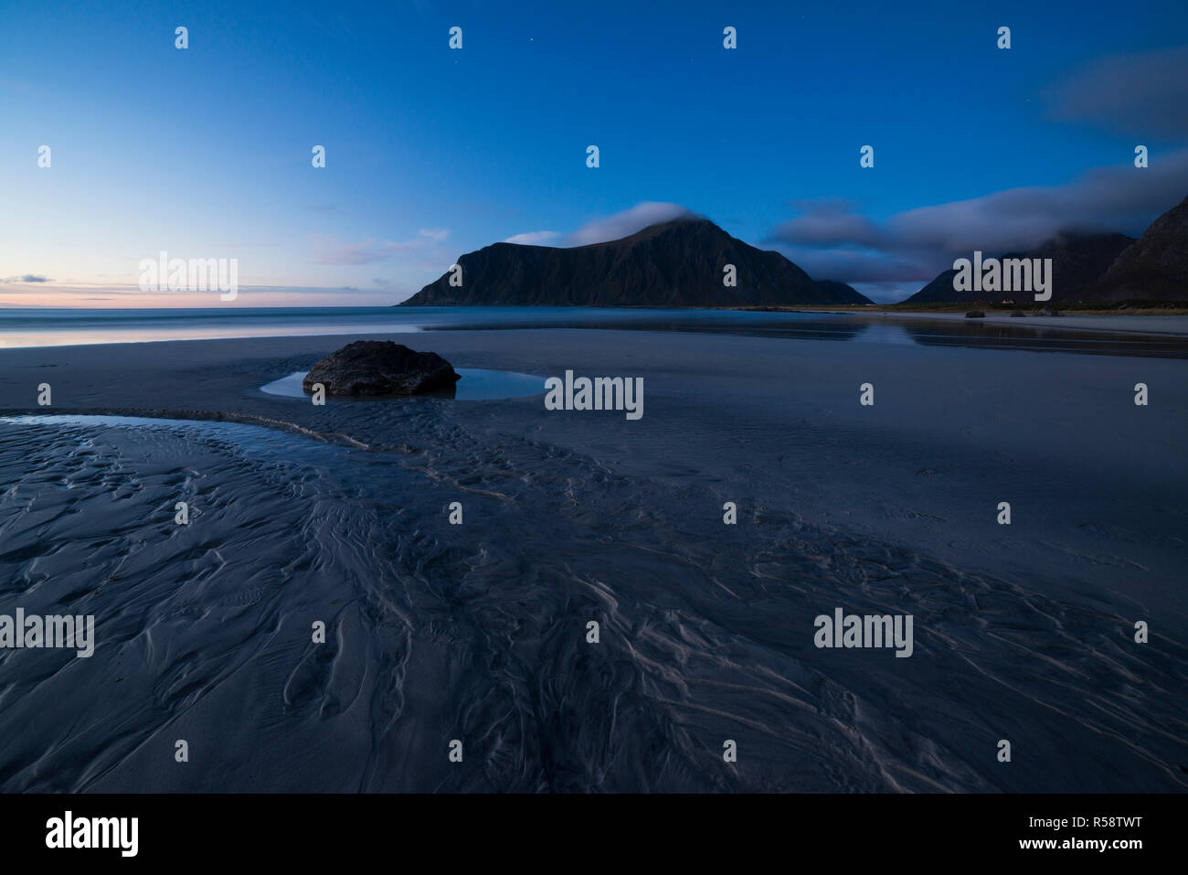 Blue hour over Arctic beach, Skagsanden, Flakstadoy, Lofoten, Norway ...