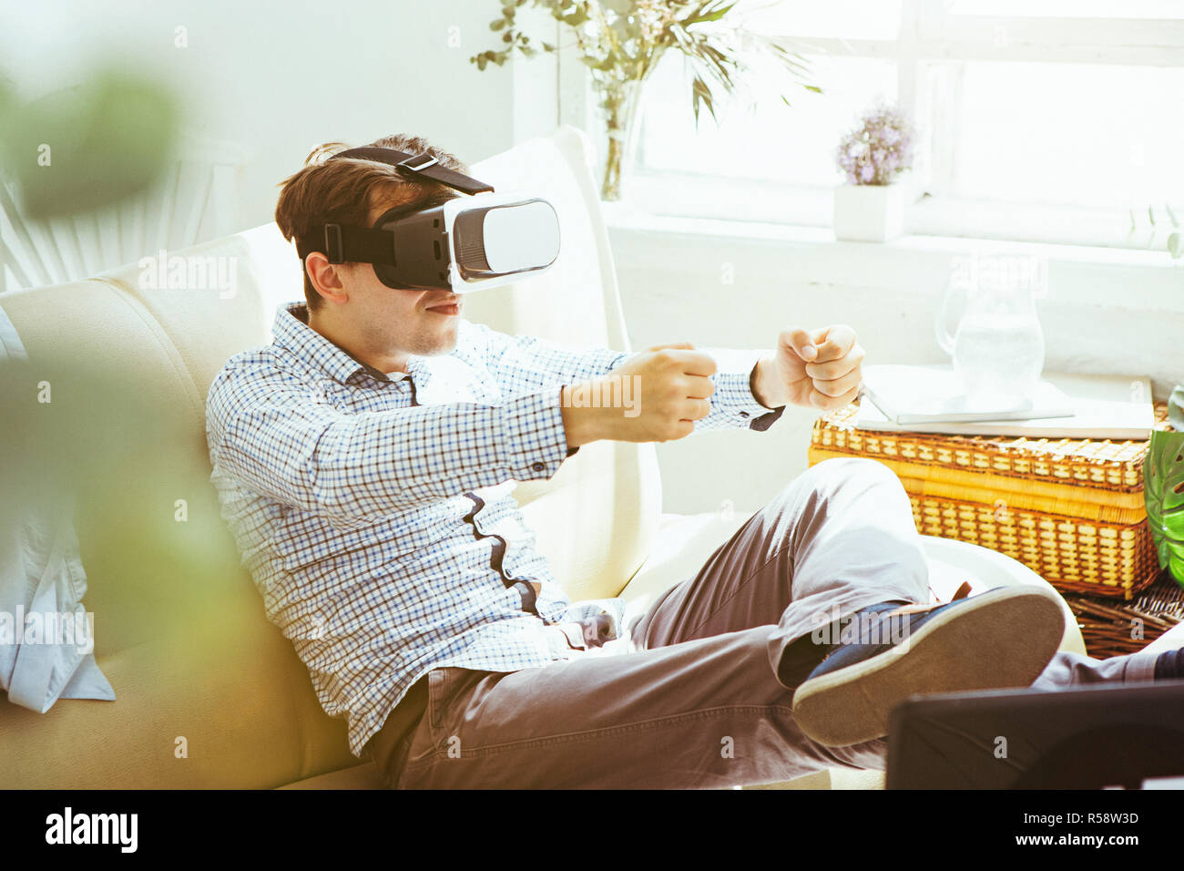 The man with glasses of virtual reality. Future technology concept ...