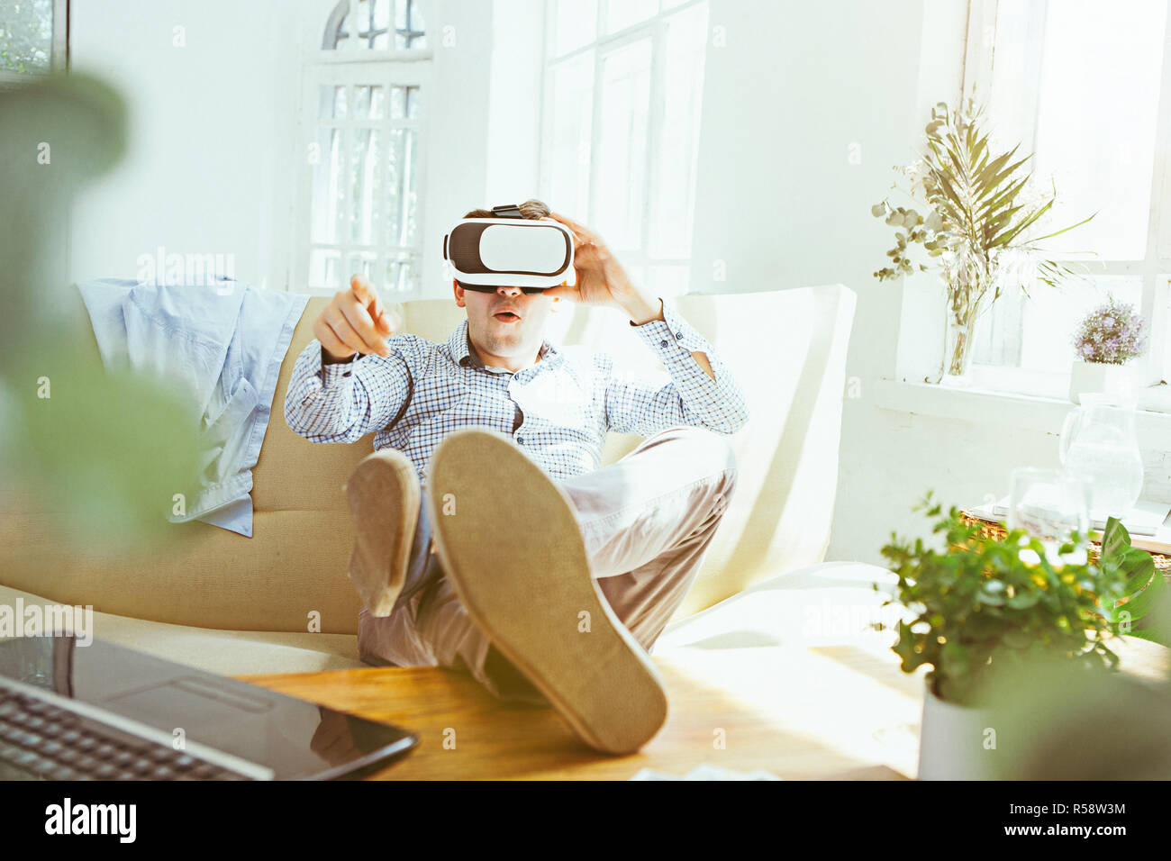 The man with glasses of virtual reality. Future technology concept ...