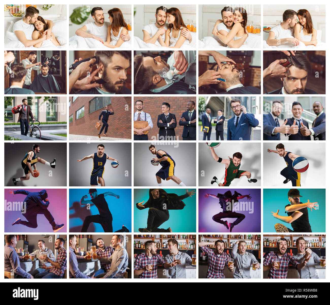 Collage about one day of life of young man Stock Photo - Alamy