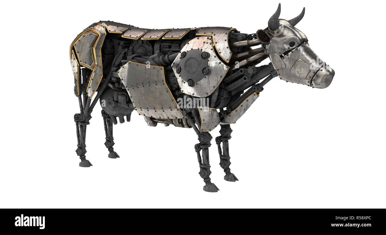 mechanical robot cow in stiunk style on an isolated white background ...