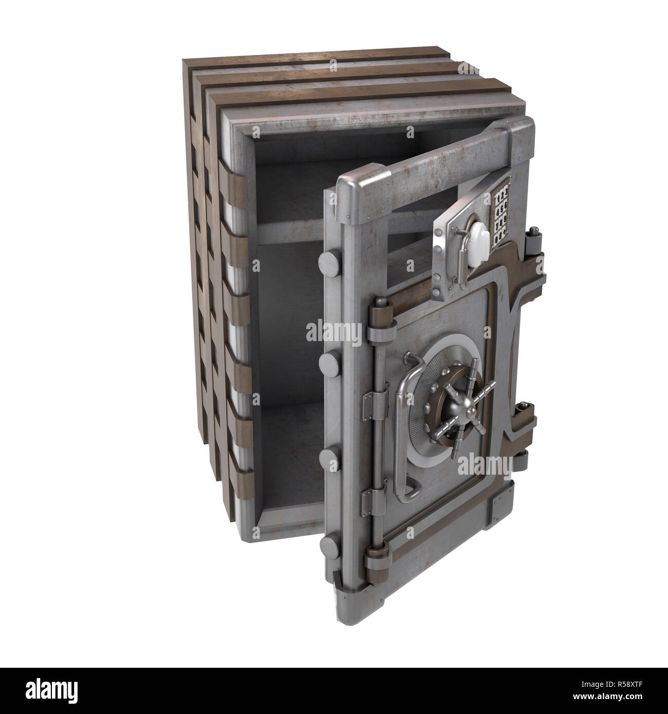 large iron open safe with two doors on an isolated white background. 3d ...