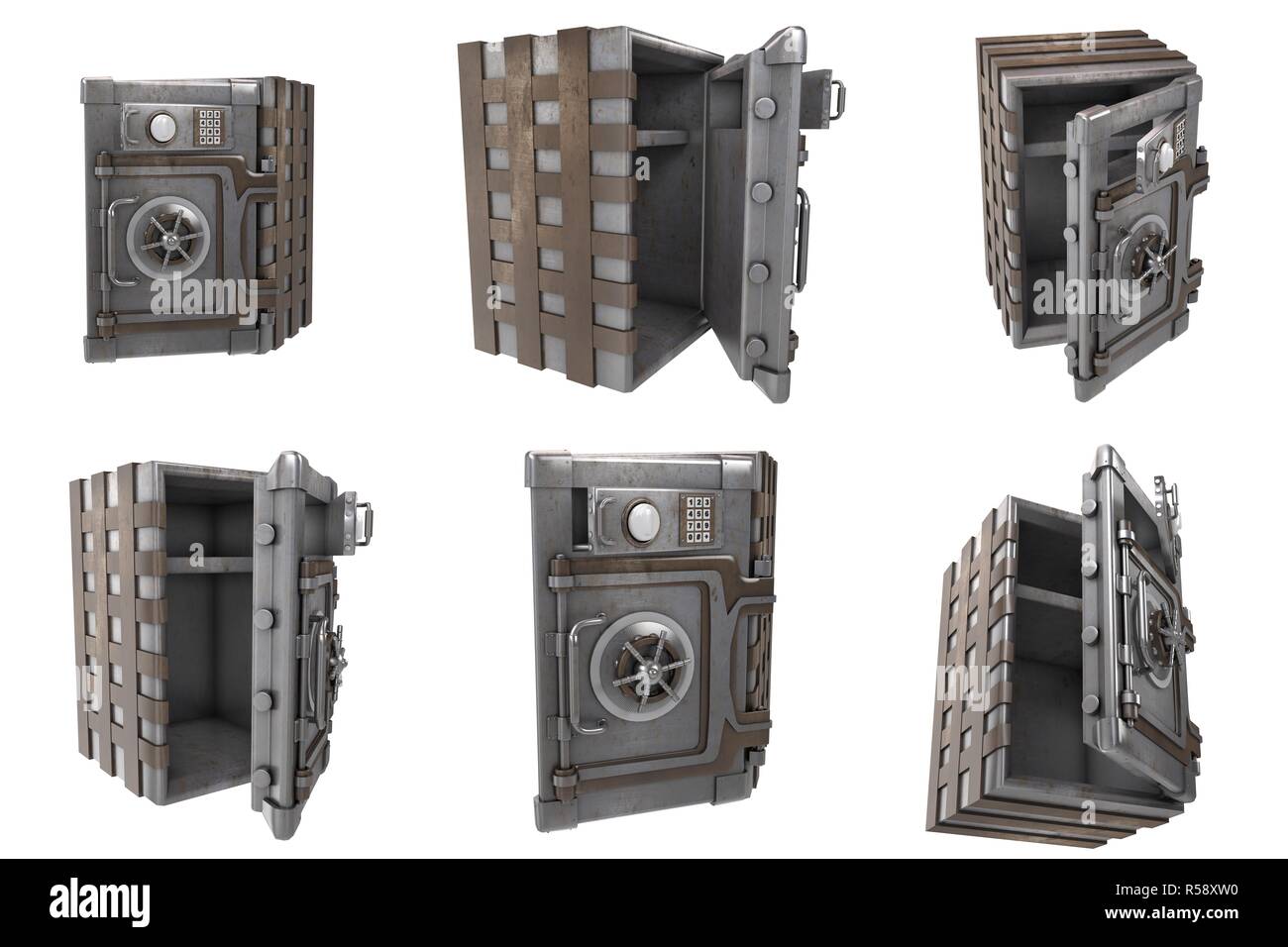 large iron open safe with two doors on an isolated white background. 3d ...