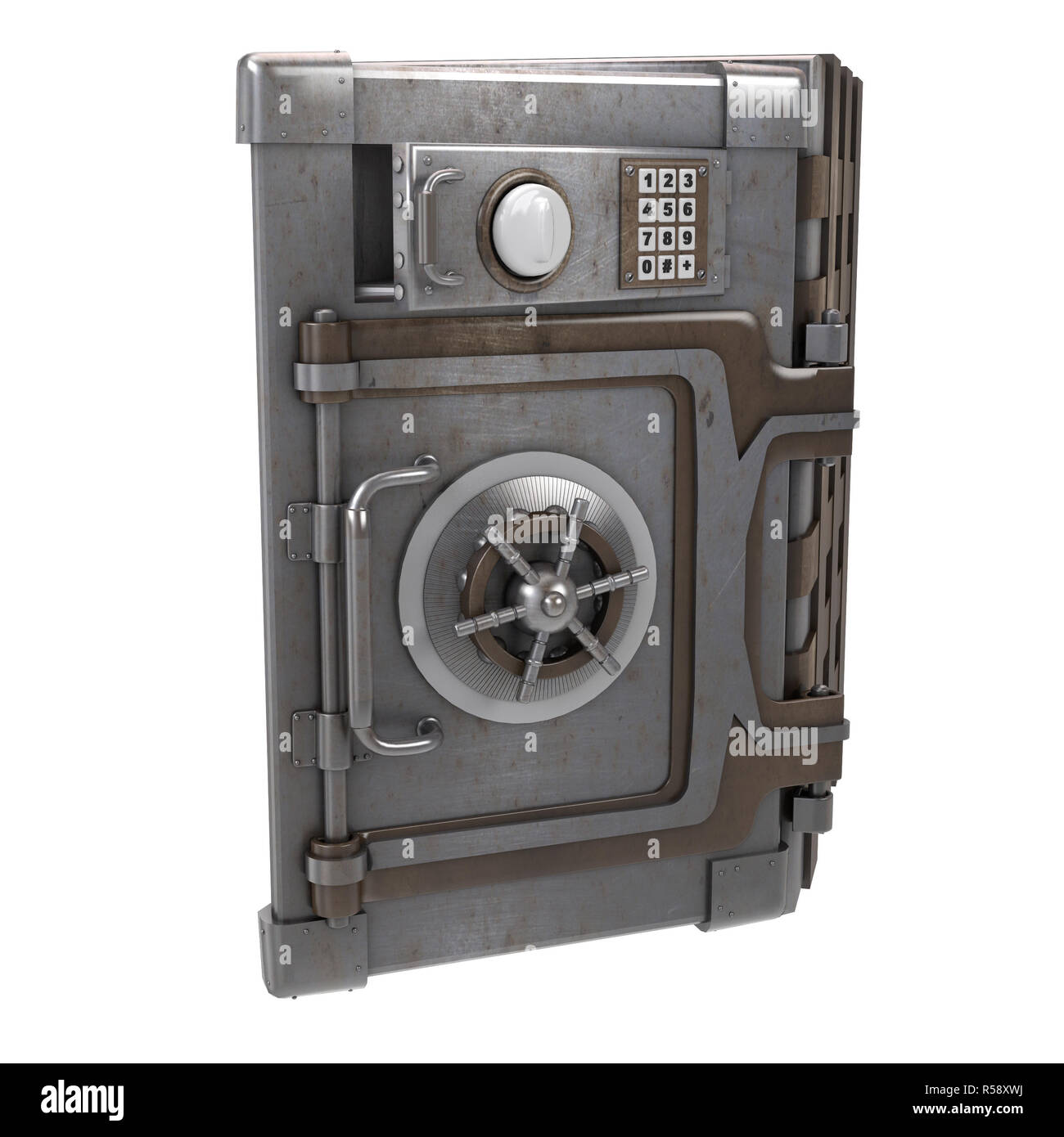 large iron open safe with two doors on an isolated white background. 3d ...