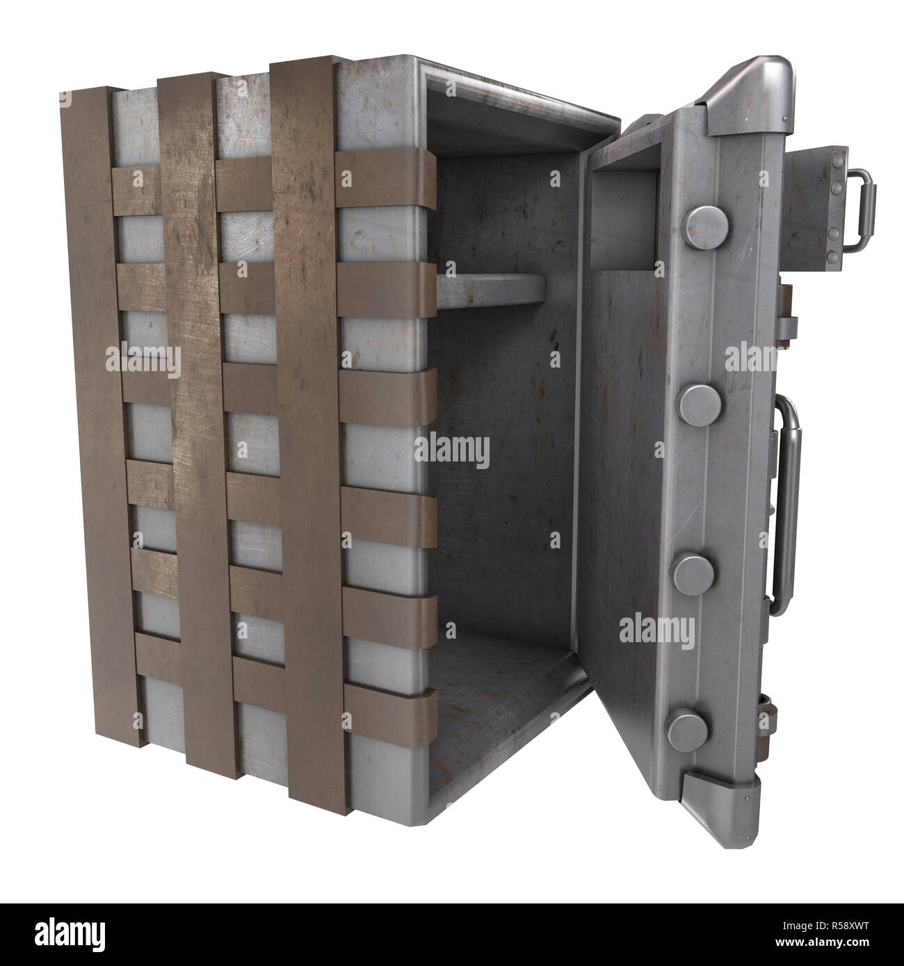large iron open safe with two doors on an isolated white background. 3d ...