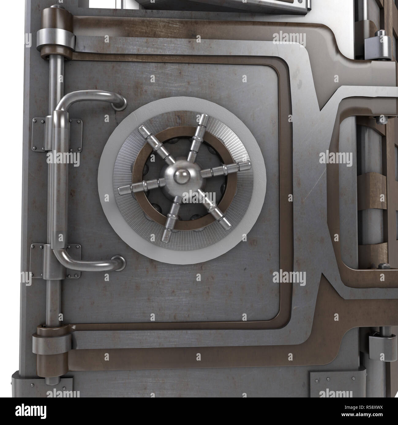 large iron open safe with two doors on an isolated white background. 3d ...