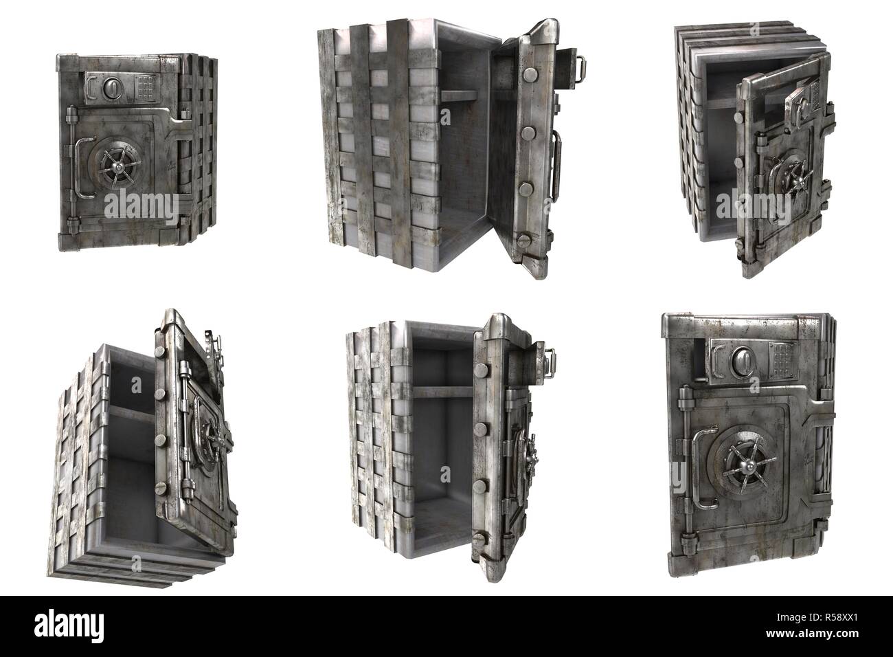 large iron open safe with two doors on an isolated white background. 3d ...