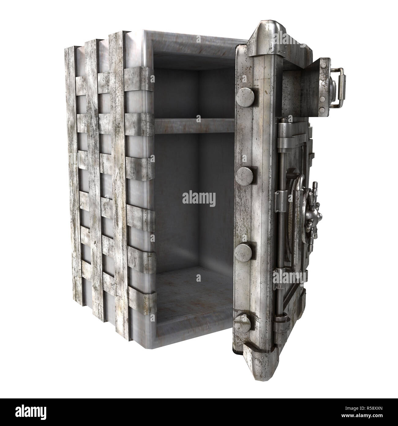 large iron open safe with two doors on an isolated white background. 3d ...