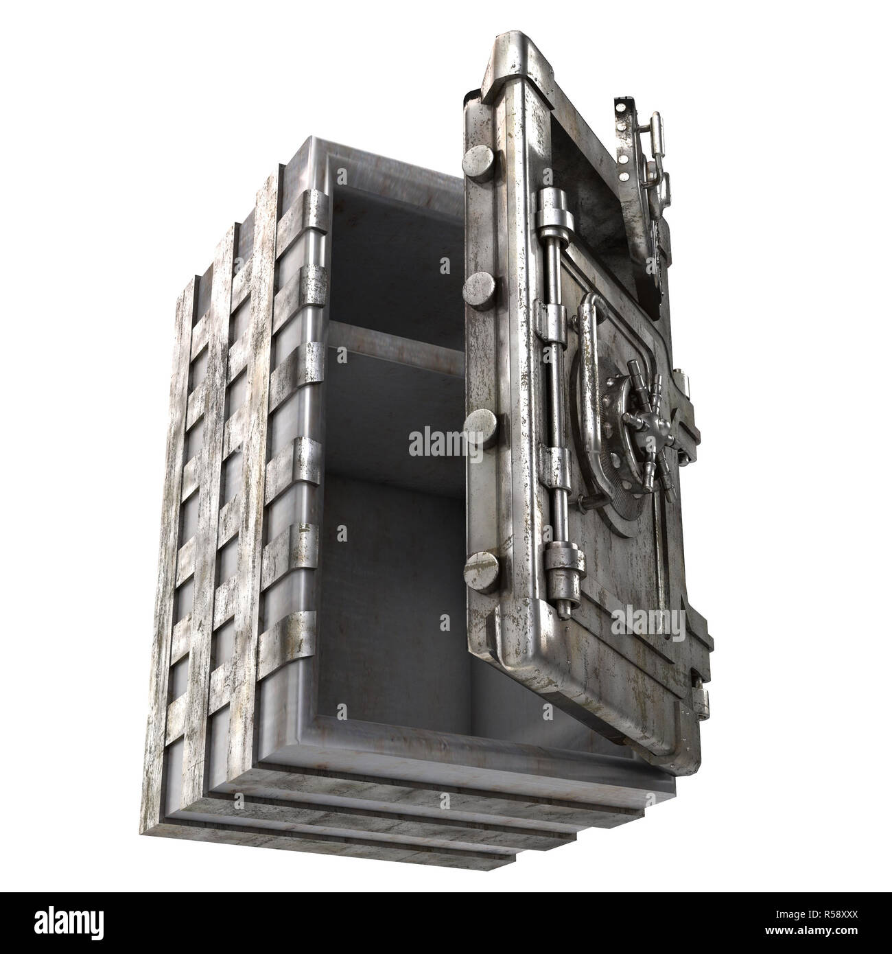 large iron open safe with two doors on an isolated white background. 3d ...