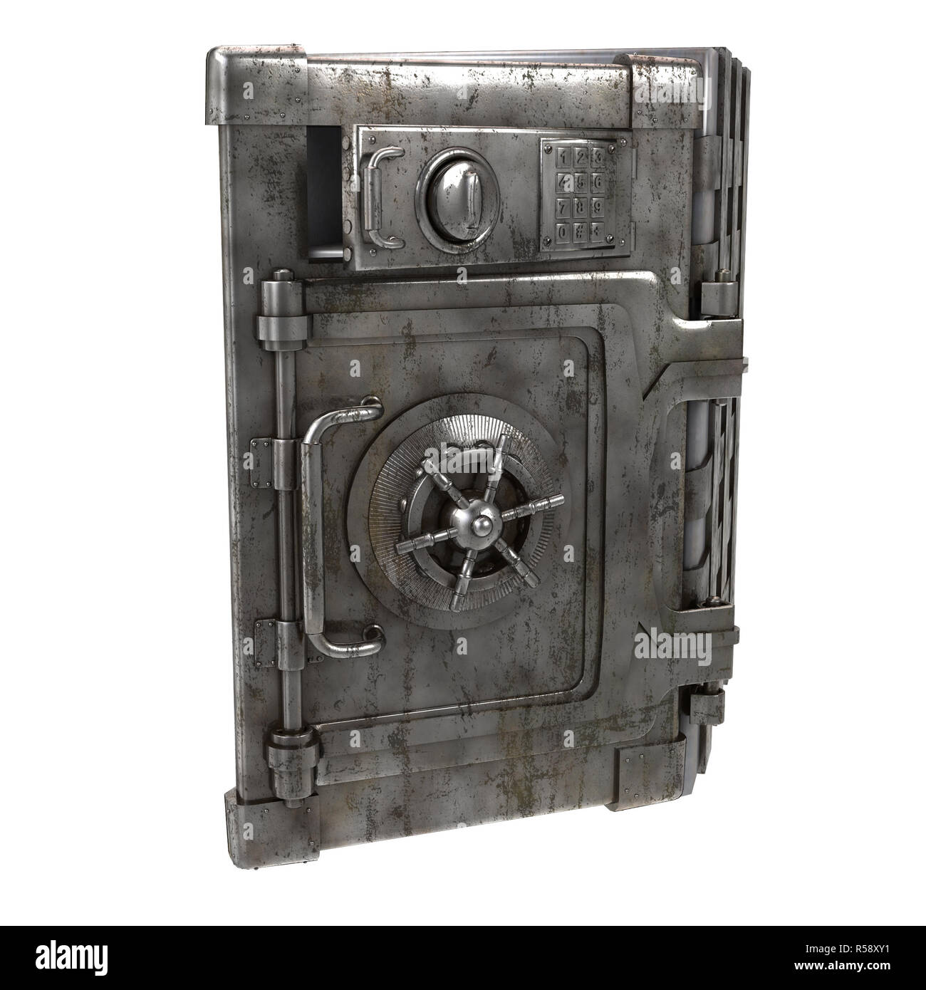 large iron open safe with two doors on an isolated white background. 3d ...