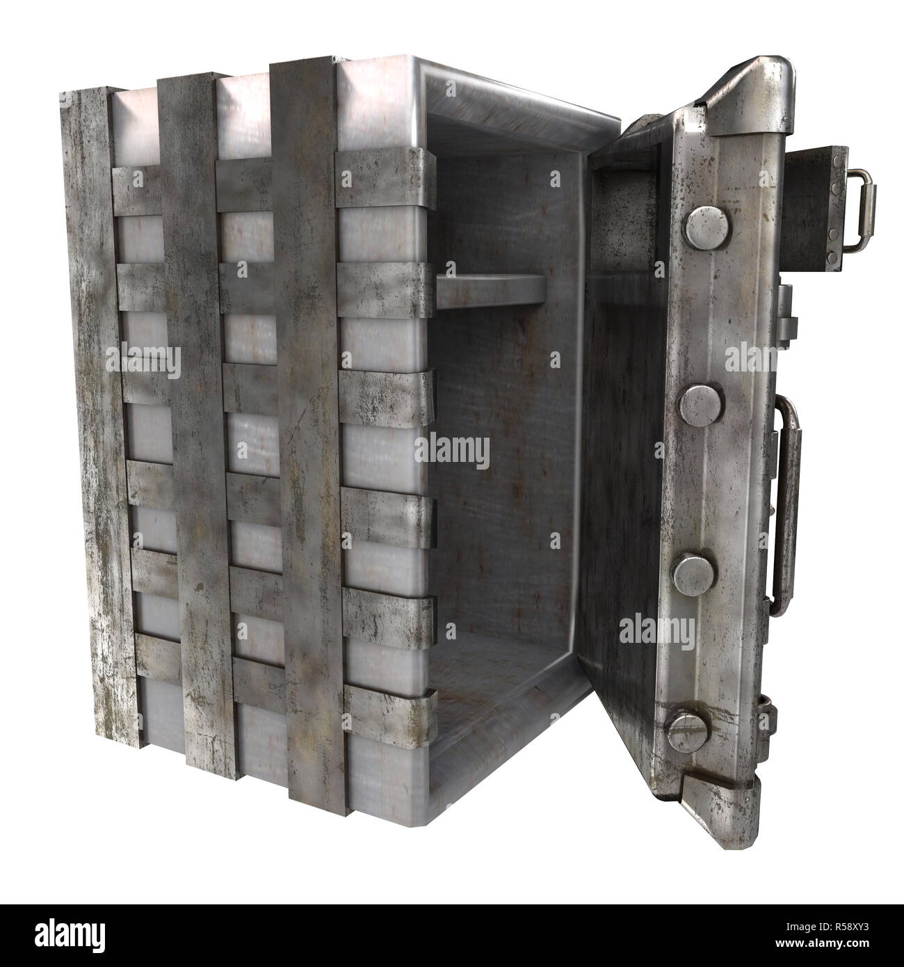 large iron open safe with two doors on an isolated white background. 3d ...