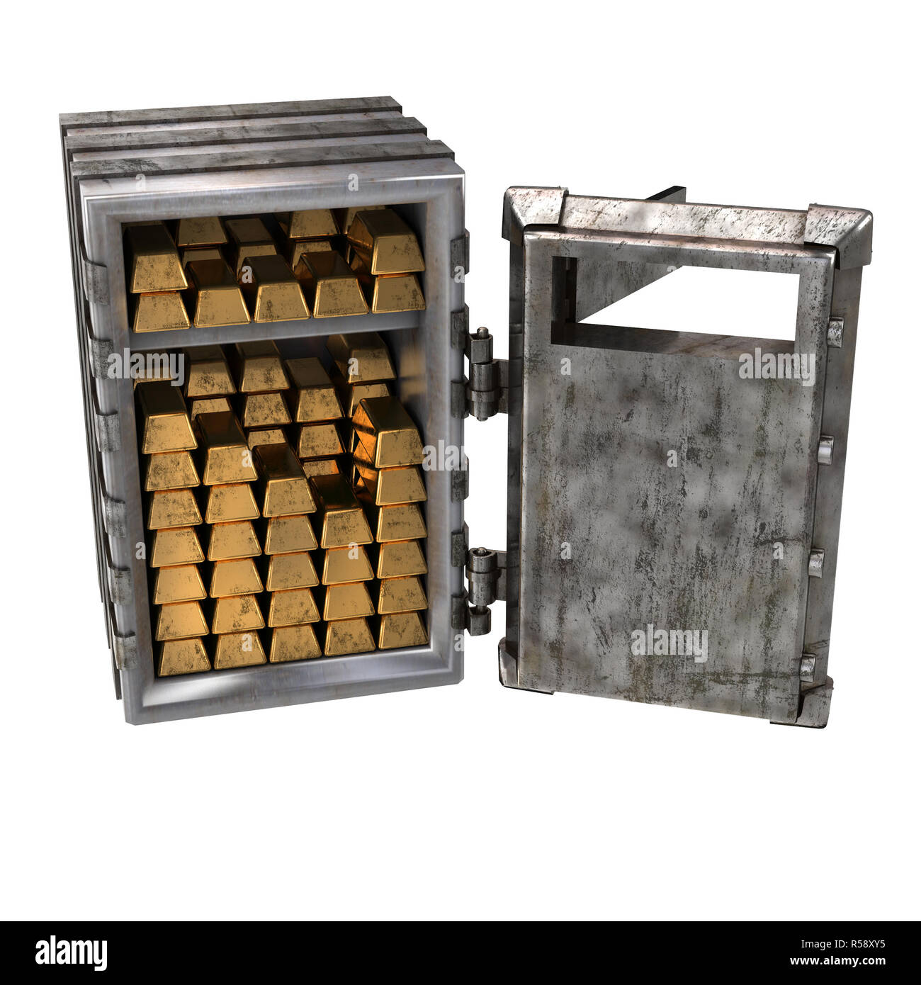 Old open safe with gold bars on an isolated white background. 3d ...