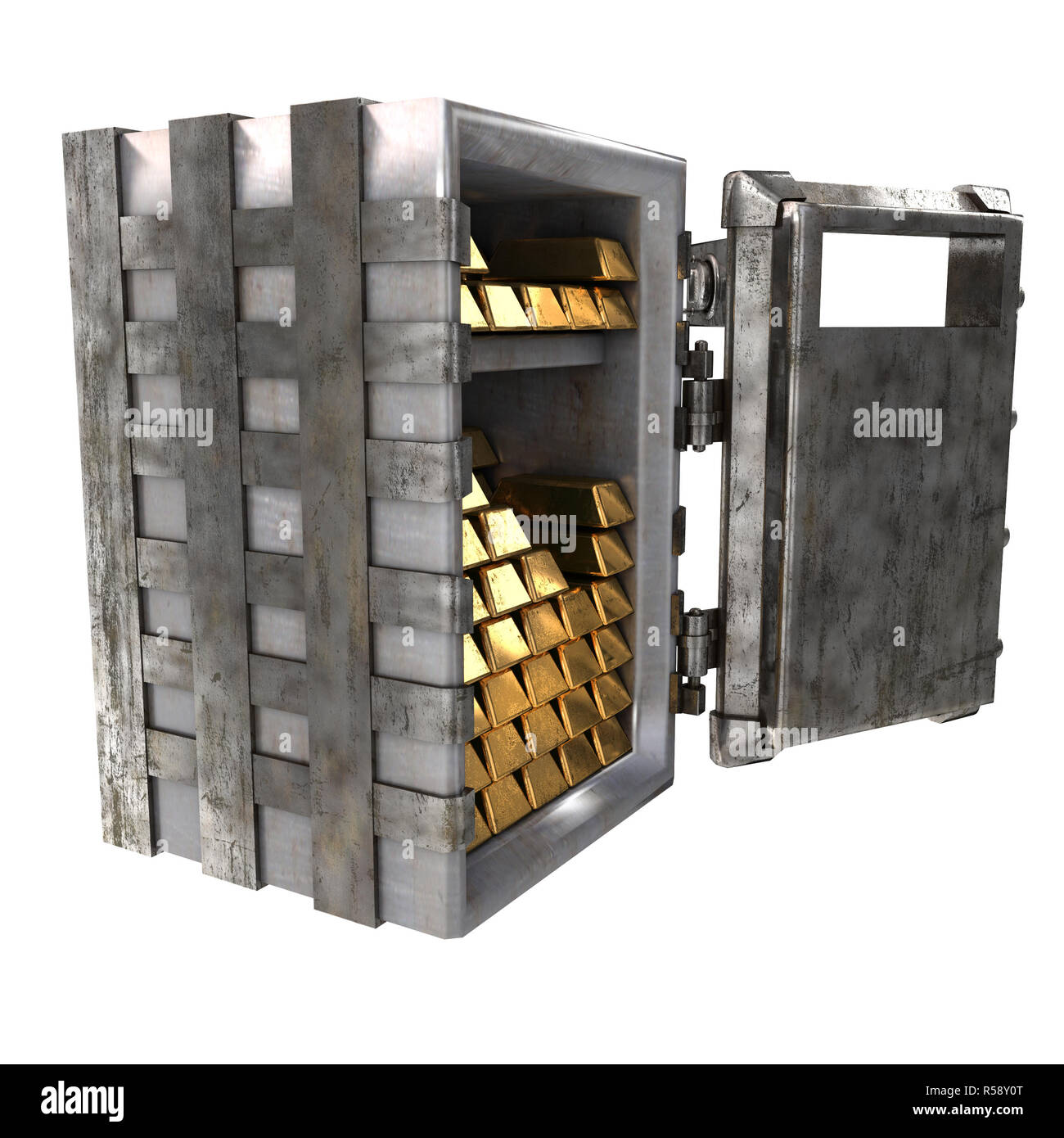 Old open safe with gold bars on an isolated white background. 3d ...