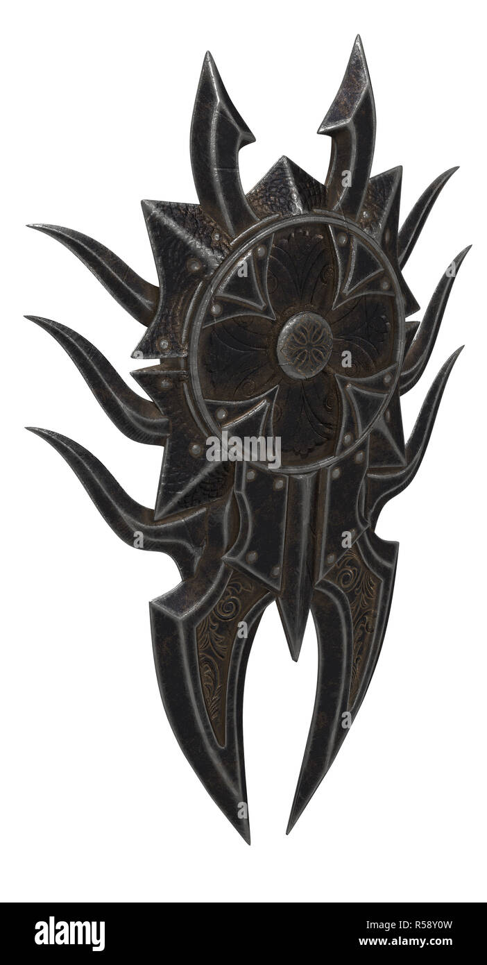 fantasy black shield with spikes on an isolated background. 3d ...