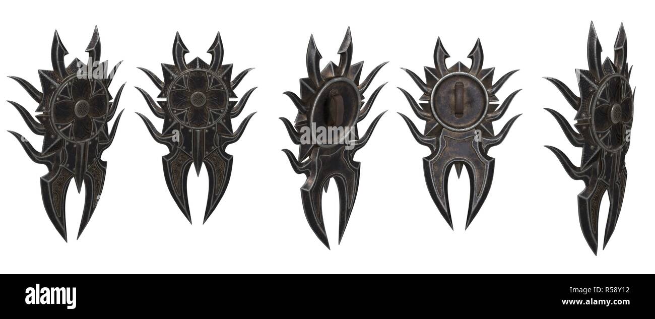 fantasy black shield with spikes on an isolated background. 3d ...