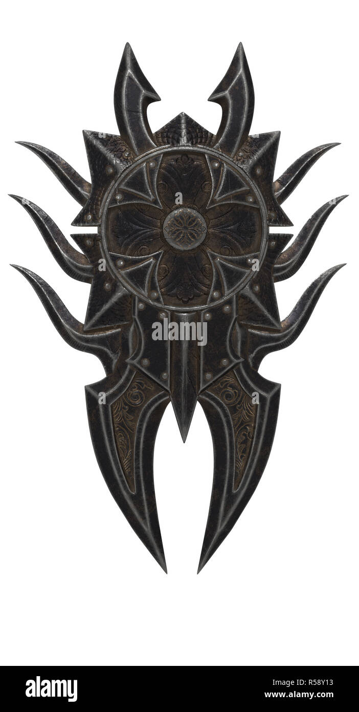 fantasy black shield with spikes on an isolated background. 3d ...