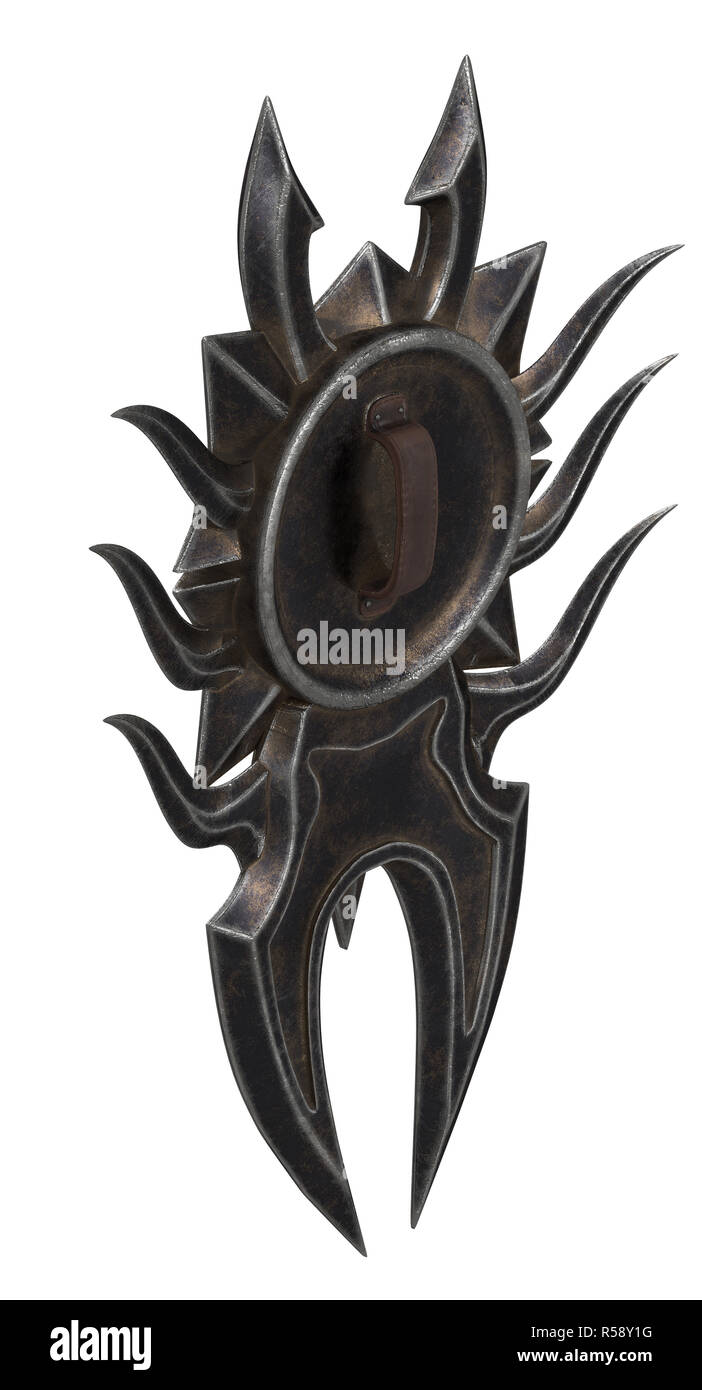 fantasy black shield with spikes on an isolated background. 3d ...