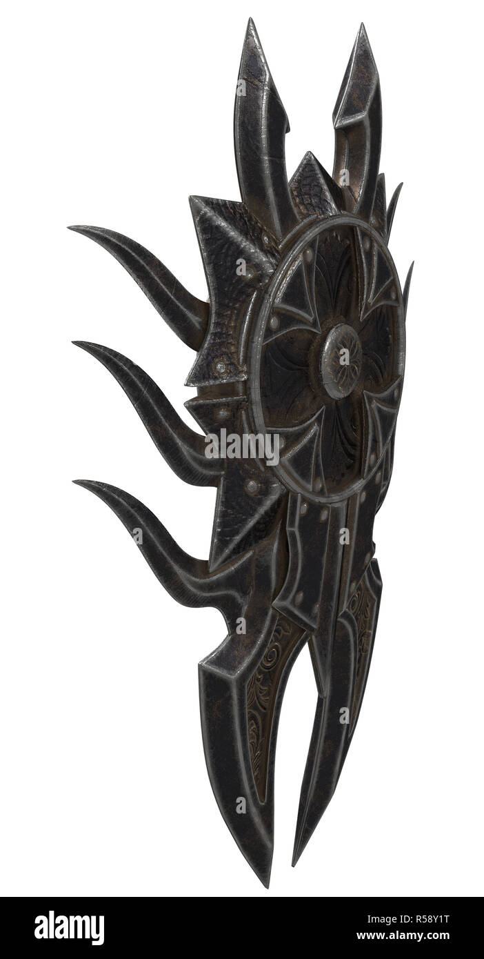 fantasy black shield with spikes on an isolated background. 3d ...