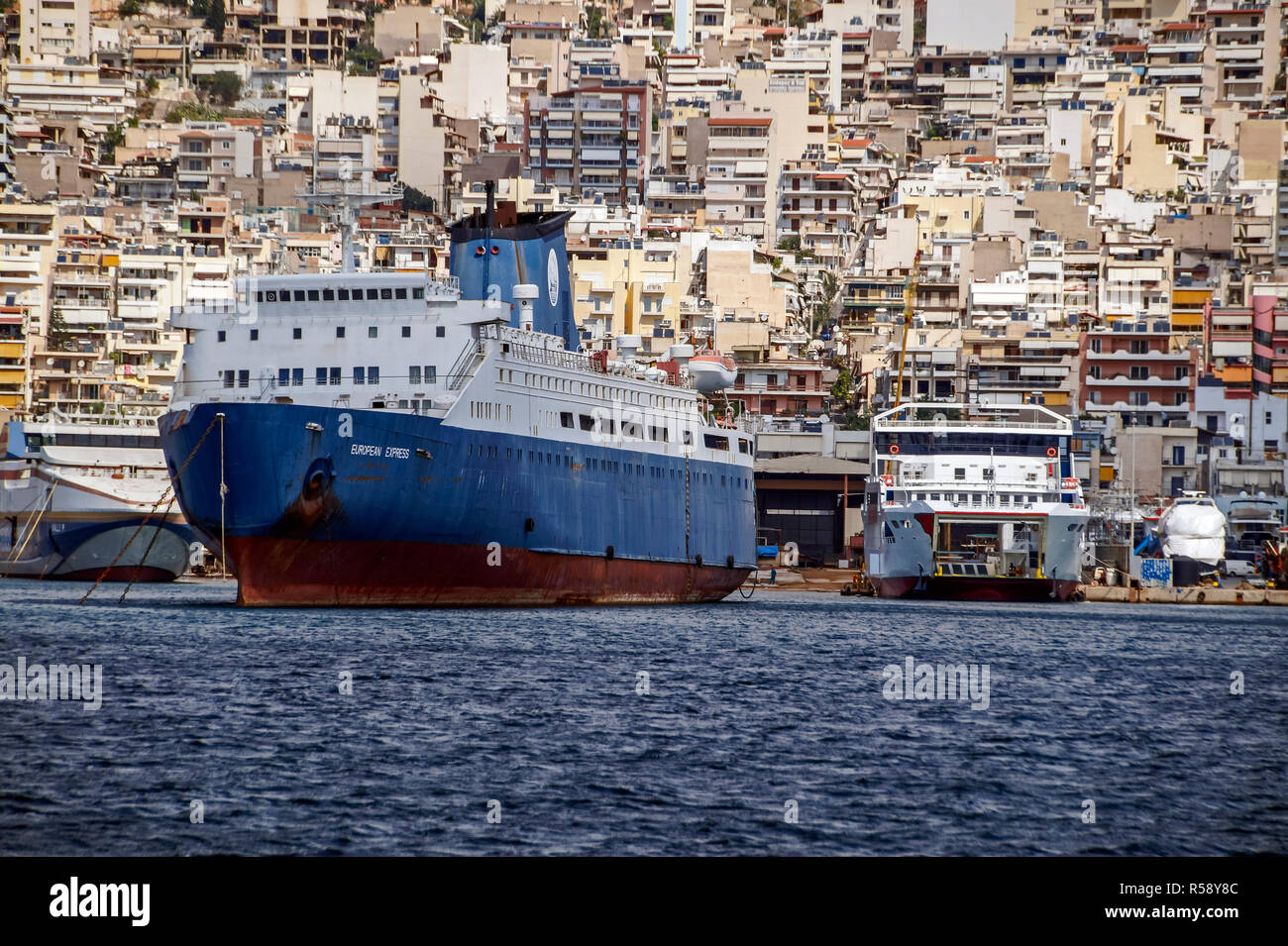 Car and passenger ferry M/F European Express moored in a Perama ...
