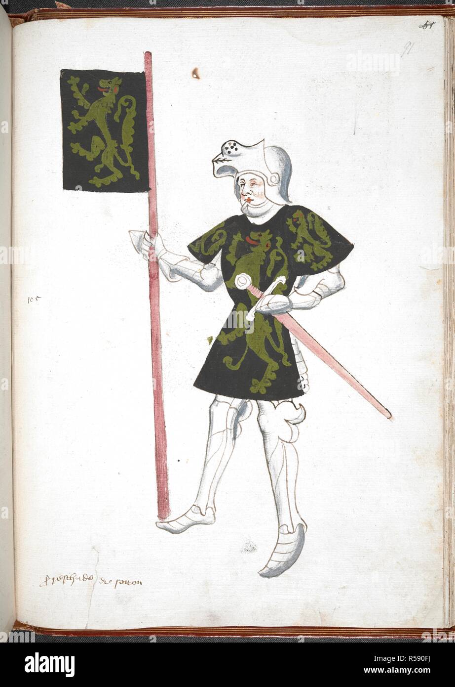 Knight, in armour and tabard, holding a sword and a standard with ...