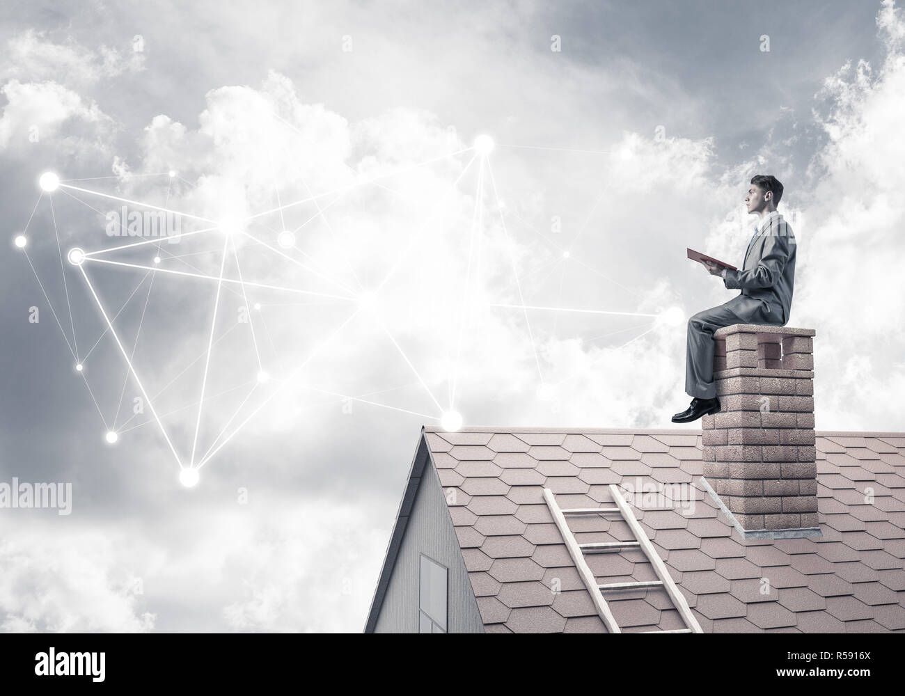 Man reading book and concept of social connection in sky Stock Photo ...