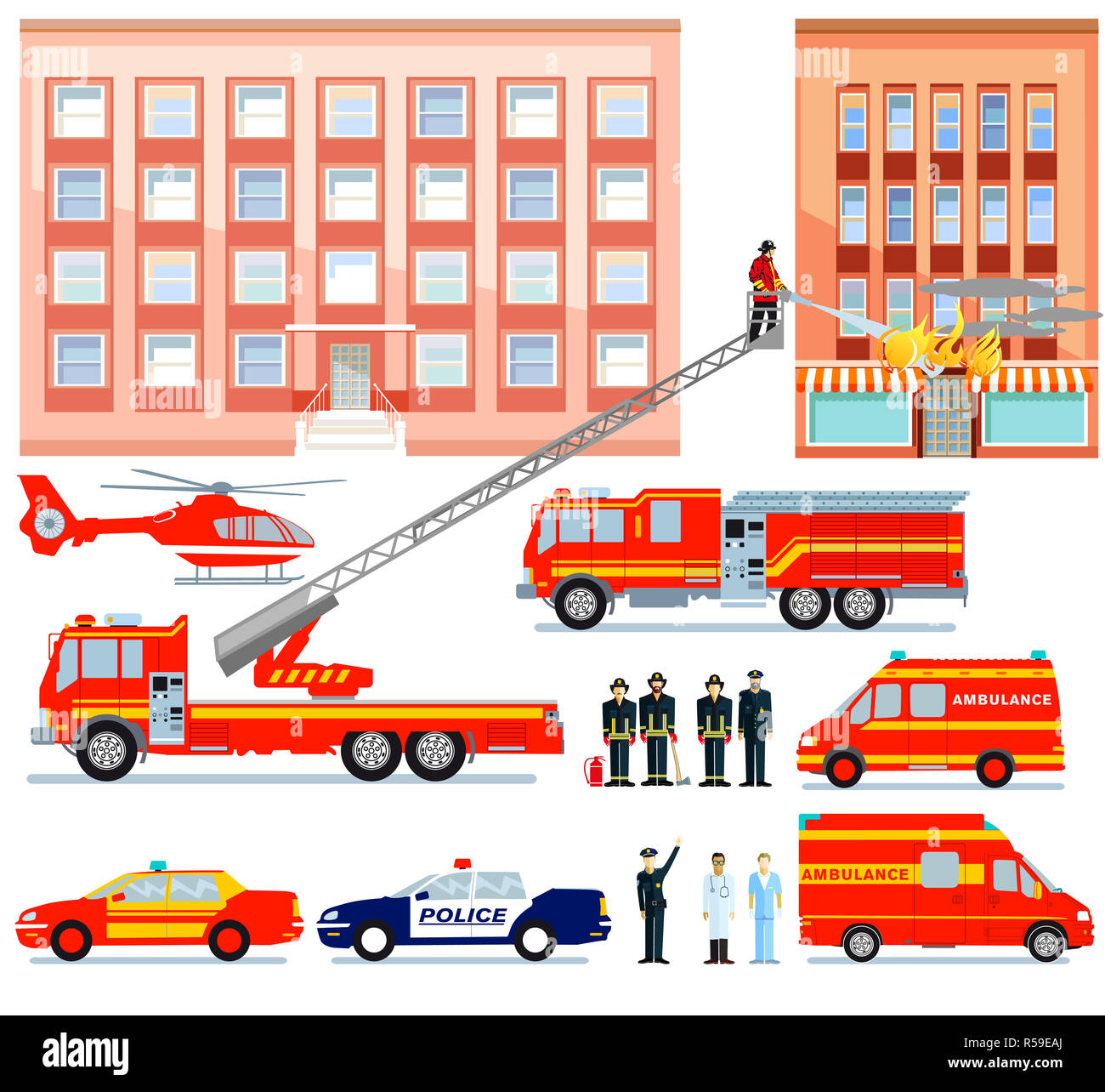 fire department and ambulance at the rescue operation,illustration ...