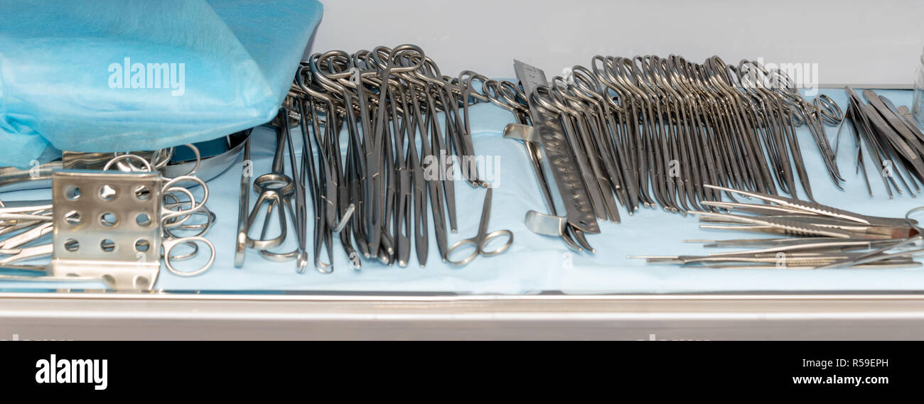 Sterile surgeon instruments. Steel surgery tools ready for use Stock ...