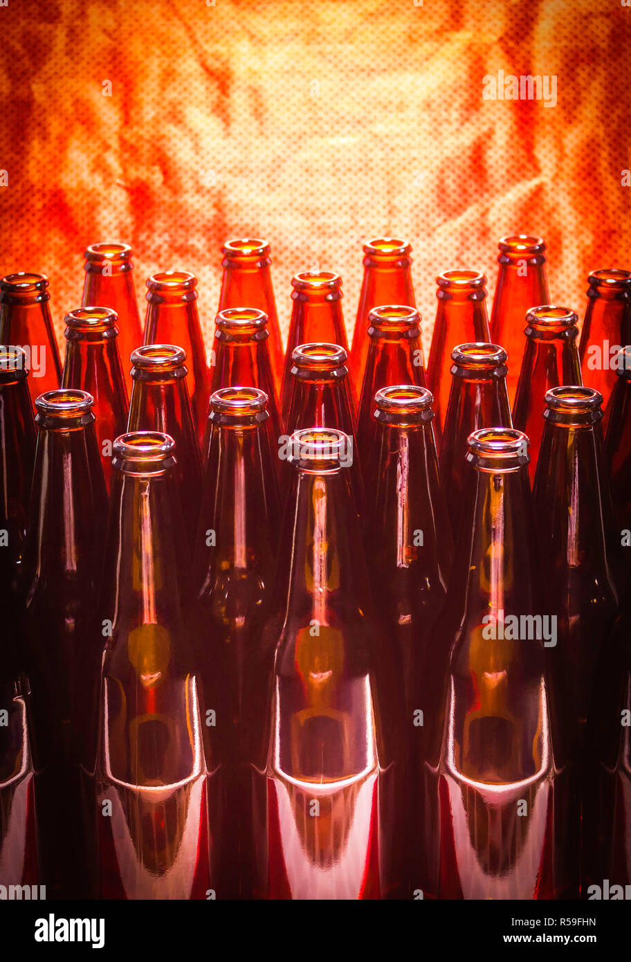 Rows of brown color empty bottles beer Stock Photo - Alamy
