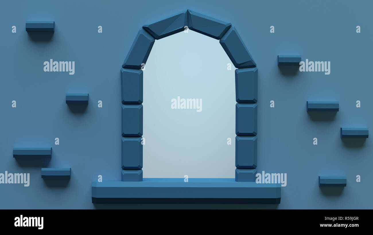 3D render Illustration. Cartoon arched window of ancient castle ...