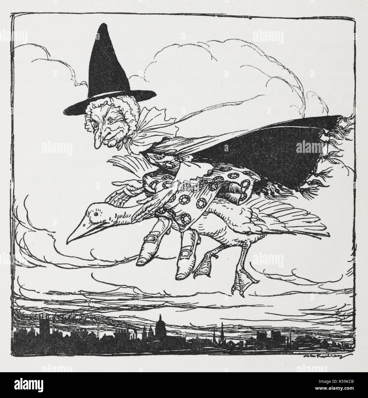 Mother Goose flying on a goose. Mother Goose. The old nursery rhymes ...