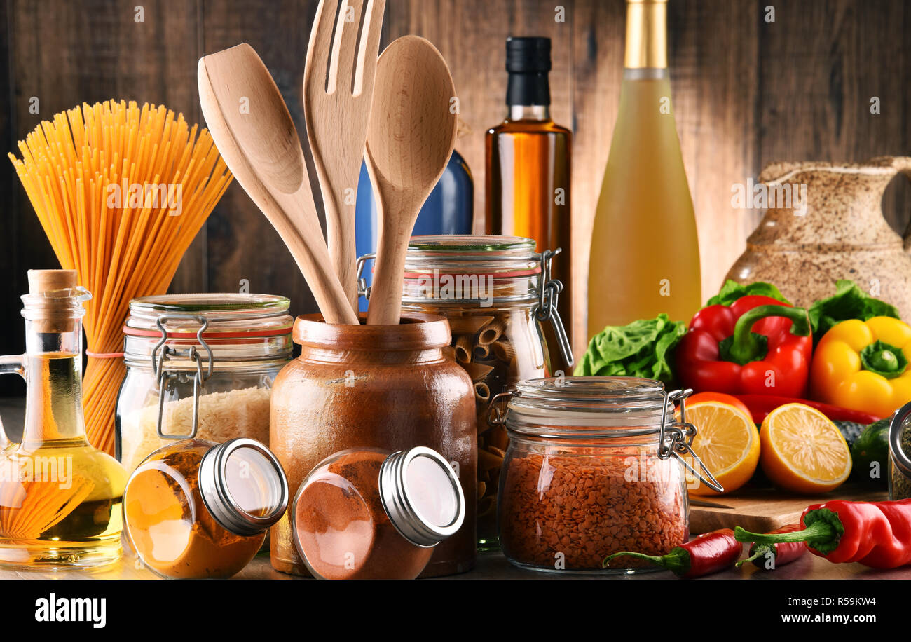 Composition with assorted food products and kitchen utensils Stock ...