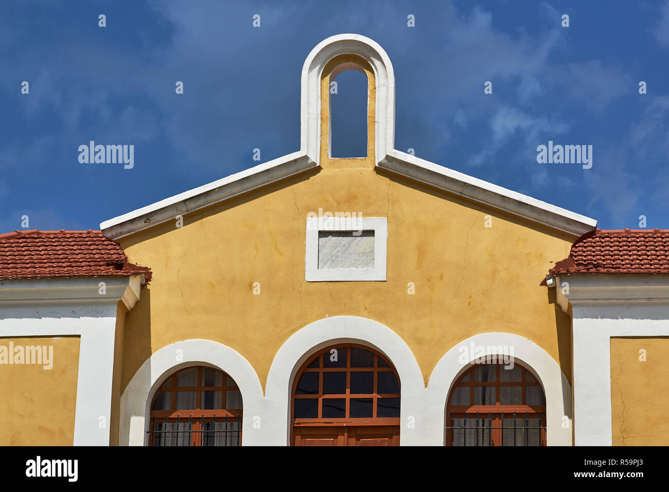 Facade of a Neo-Byzantine style house on the island of Rhodes Stock ...