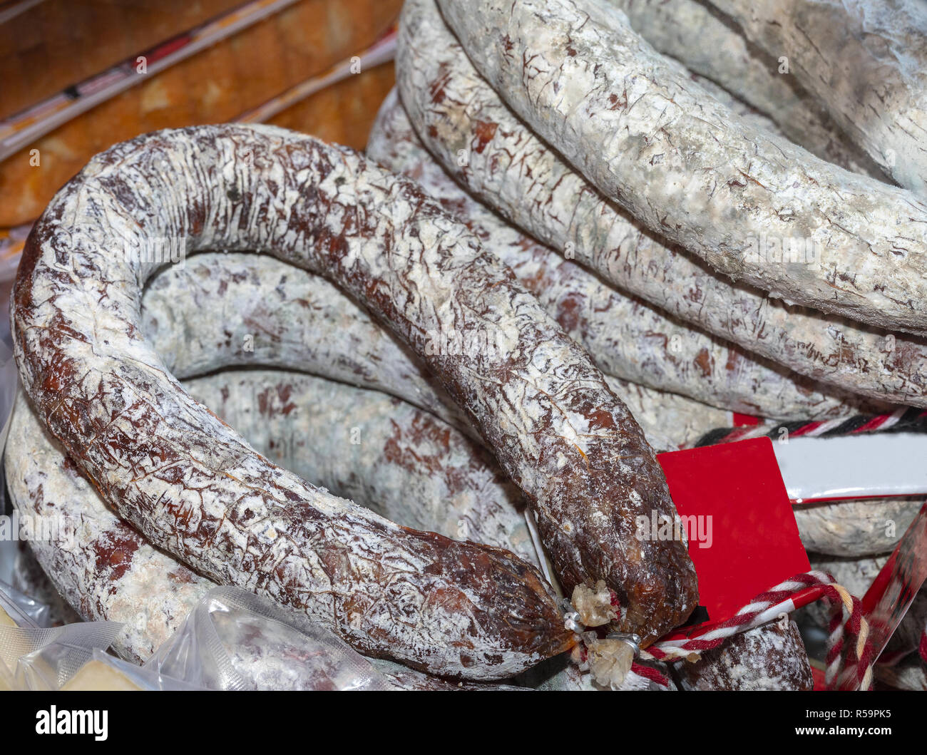 Cured sausages (chorizos cured sausage, with Penicillium Stock Photo ...
