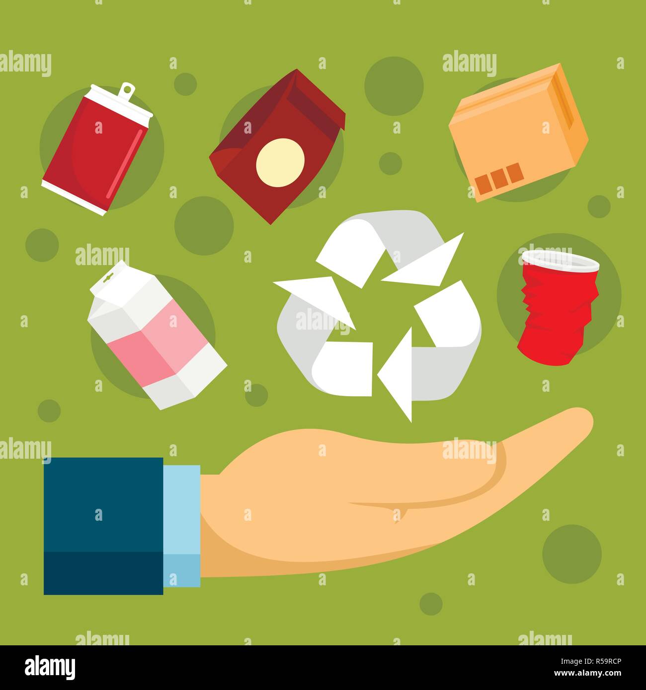 Recycle object in palm concept background. Flat illustration of recycle object in palm vector ...