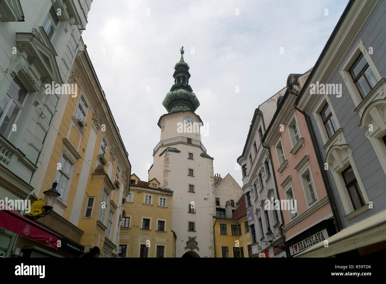 Bratislava; capital city of Slovakia. Michalska street Saint Michael's ...