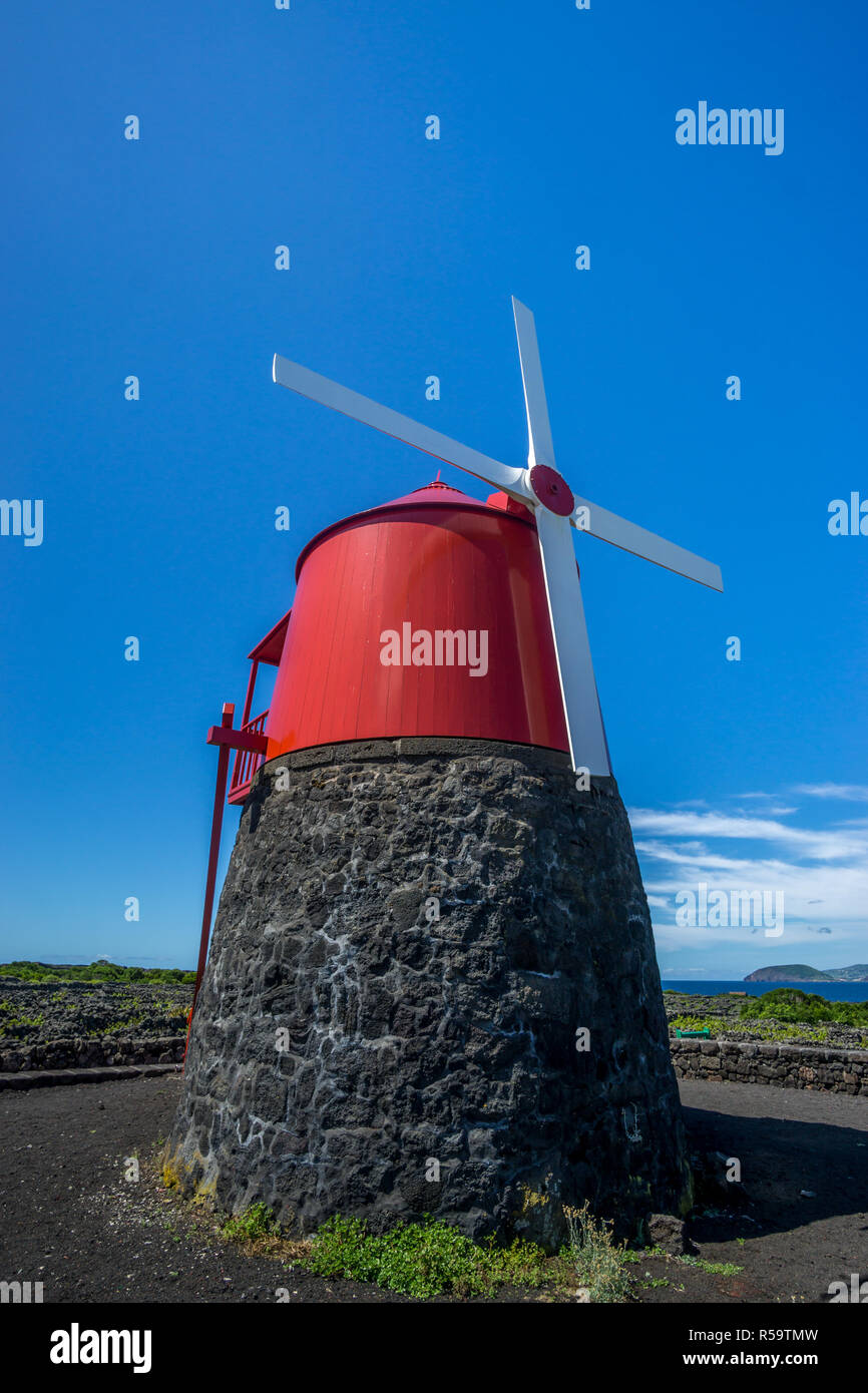 Traditional red windmill in the vineyards of Pico Island, Azores ...