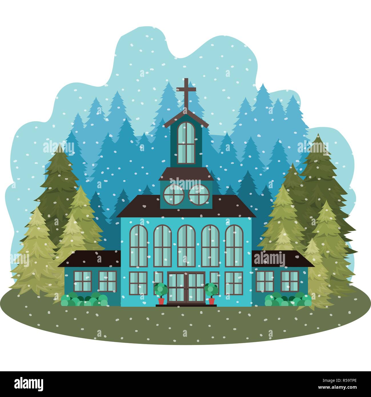 church with pines falling snow avatar character Stock Vector Image ...