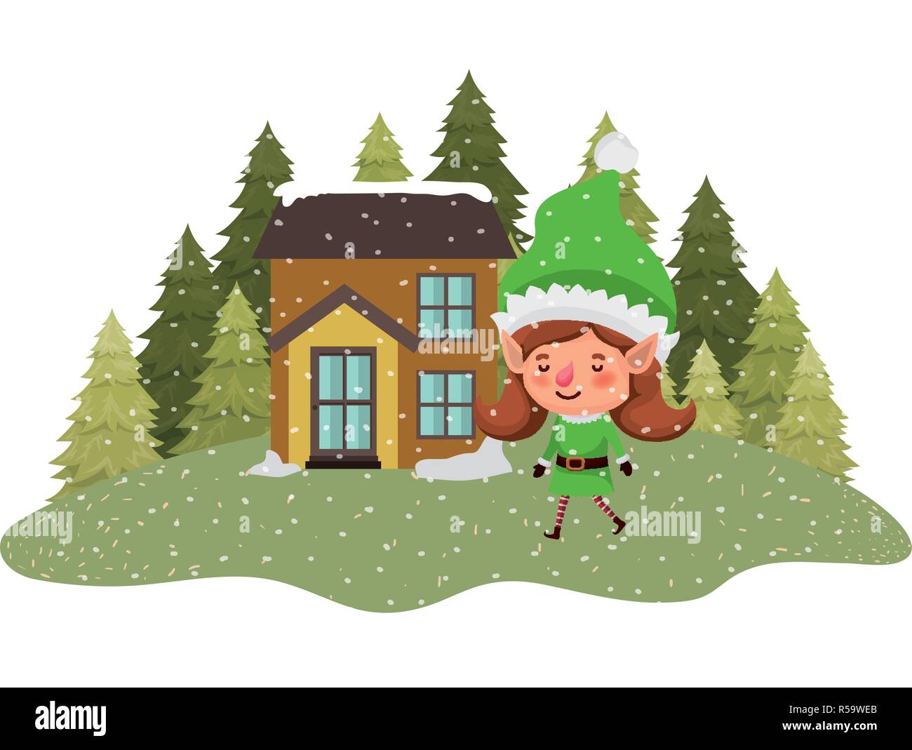 house with pine trees falling snow and elf woman Stock Vector Image ...